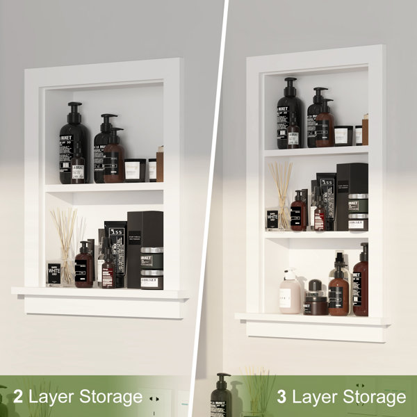 Ebern Designs 17.5"w X 4"d X 26.4"h Wall Niche Double Shelf Wood Recessed Shower Niche Cabinet ...